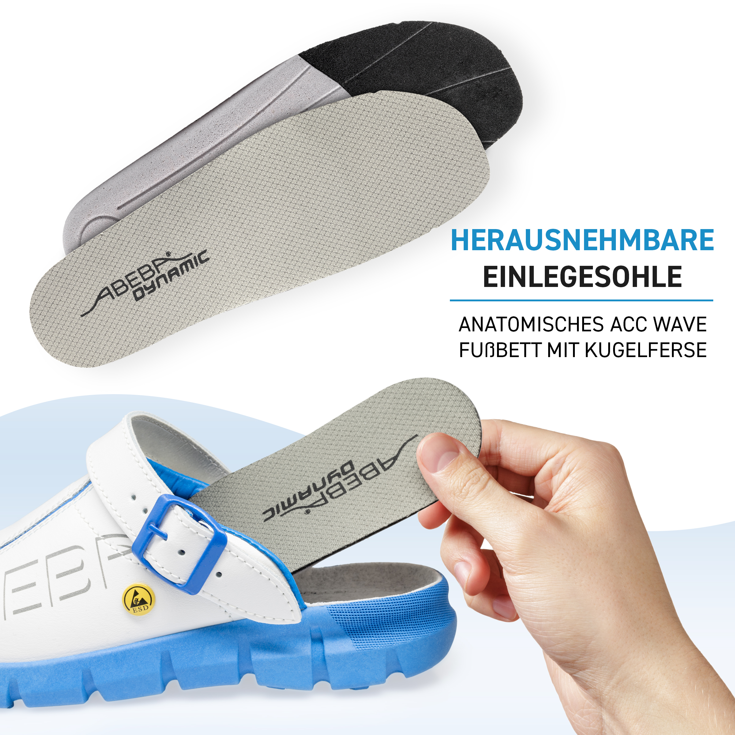 ABEBA ESD-Berufsschuh Dynamic, Clog weiß/ blau mit Aufdruck ESD, ESD ...